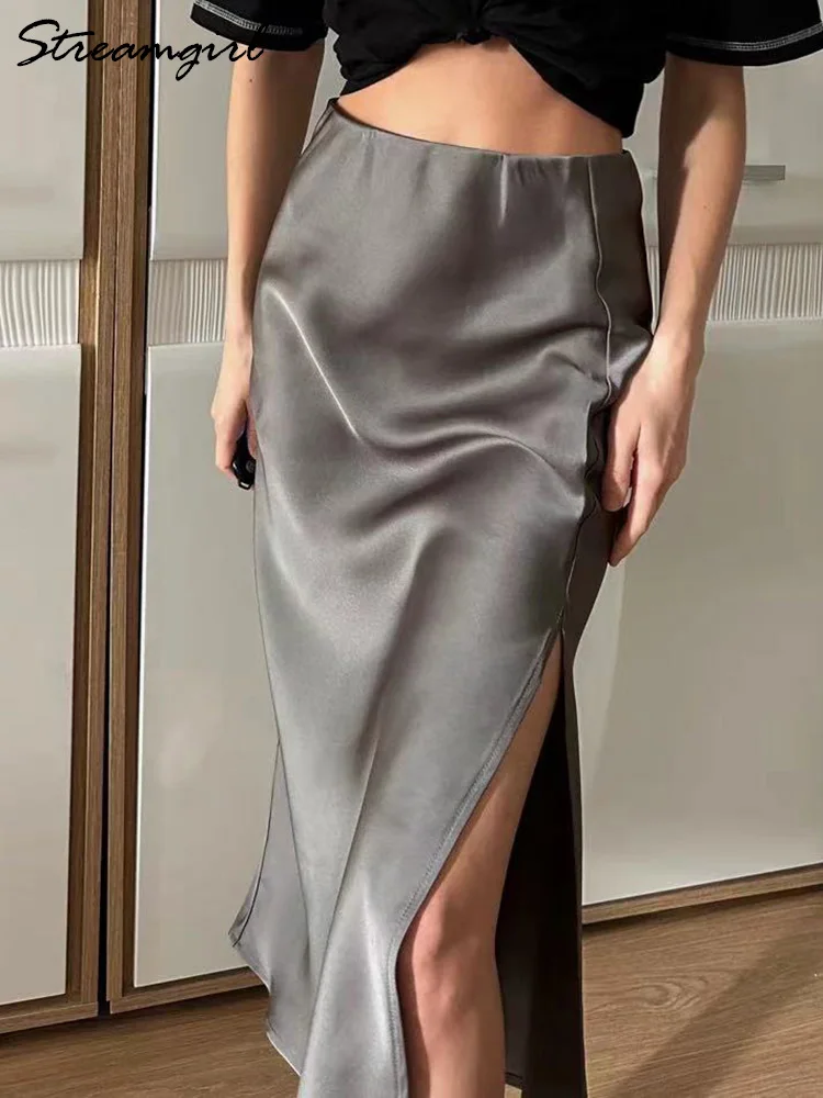 Beige-Satin-Midi-Skirts-For-Women-Summer-Elegant-Elastic-Waist-Apricot ...
