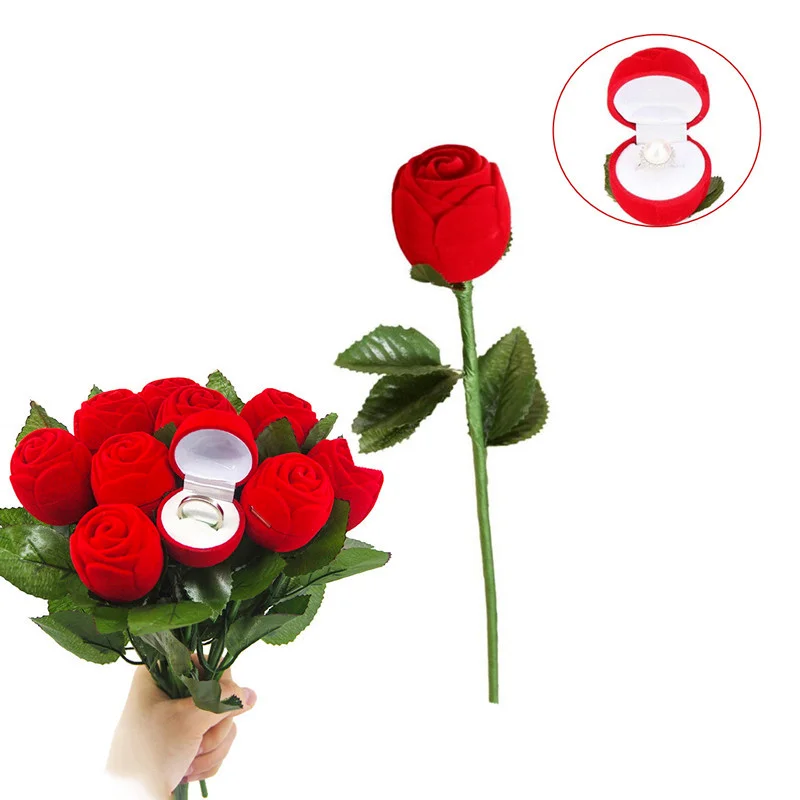 Romantic Wedding Ring Holder Velvet Ring Box With Flower Stem Red Rose ...