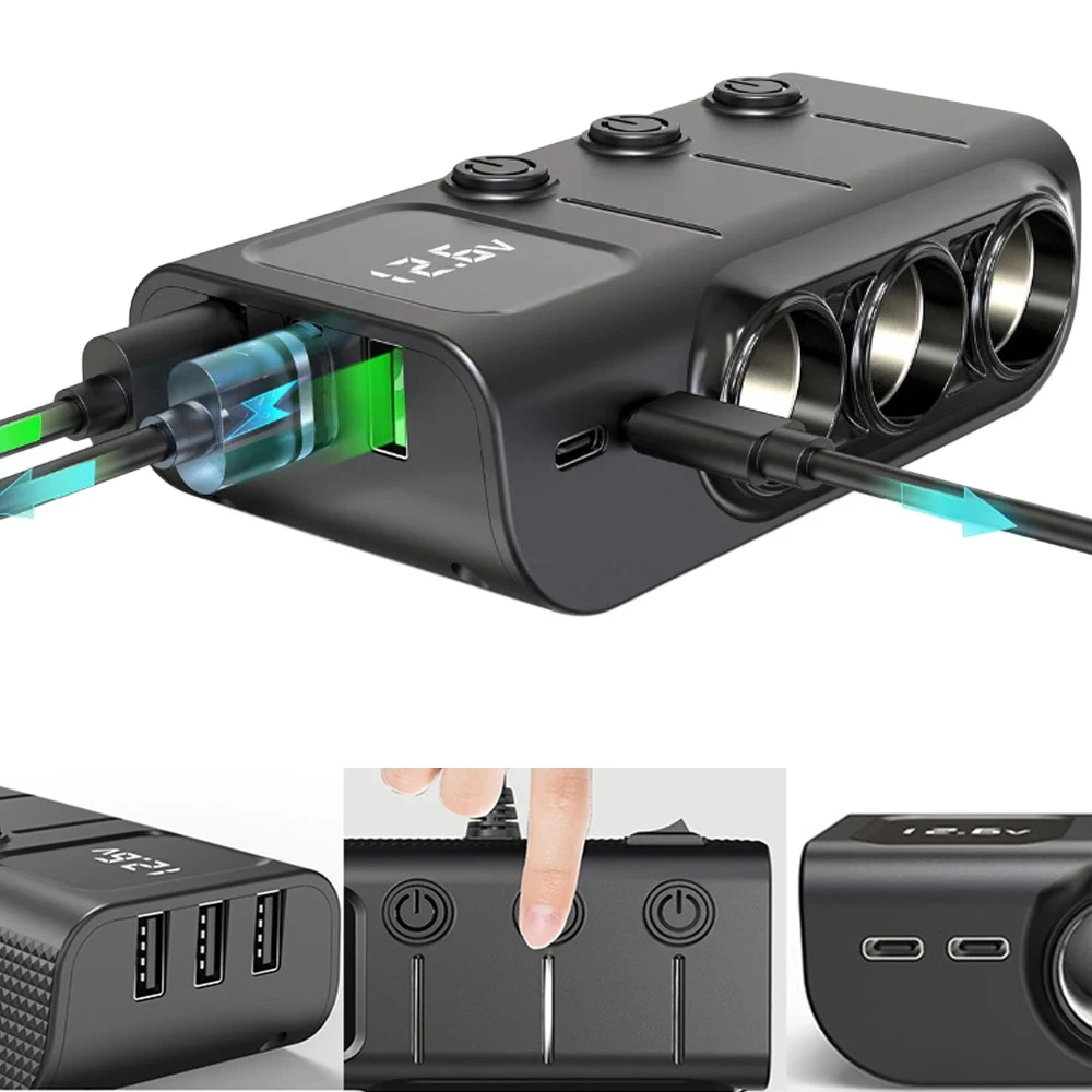 NEW-Cigarette-Lighter-Plug-Splitter-3-In-1-power-Splitter-120W-USB-PD ...