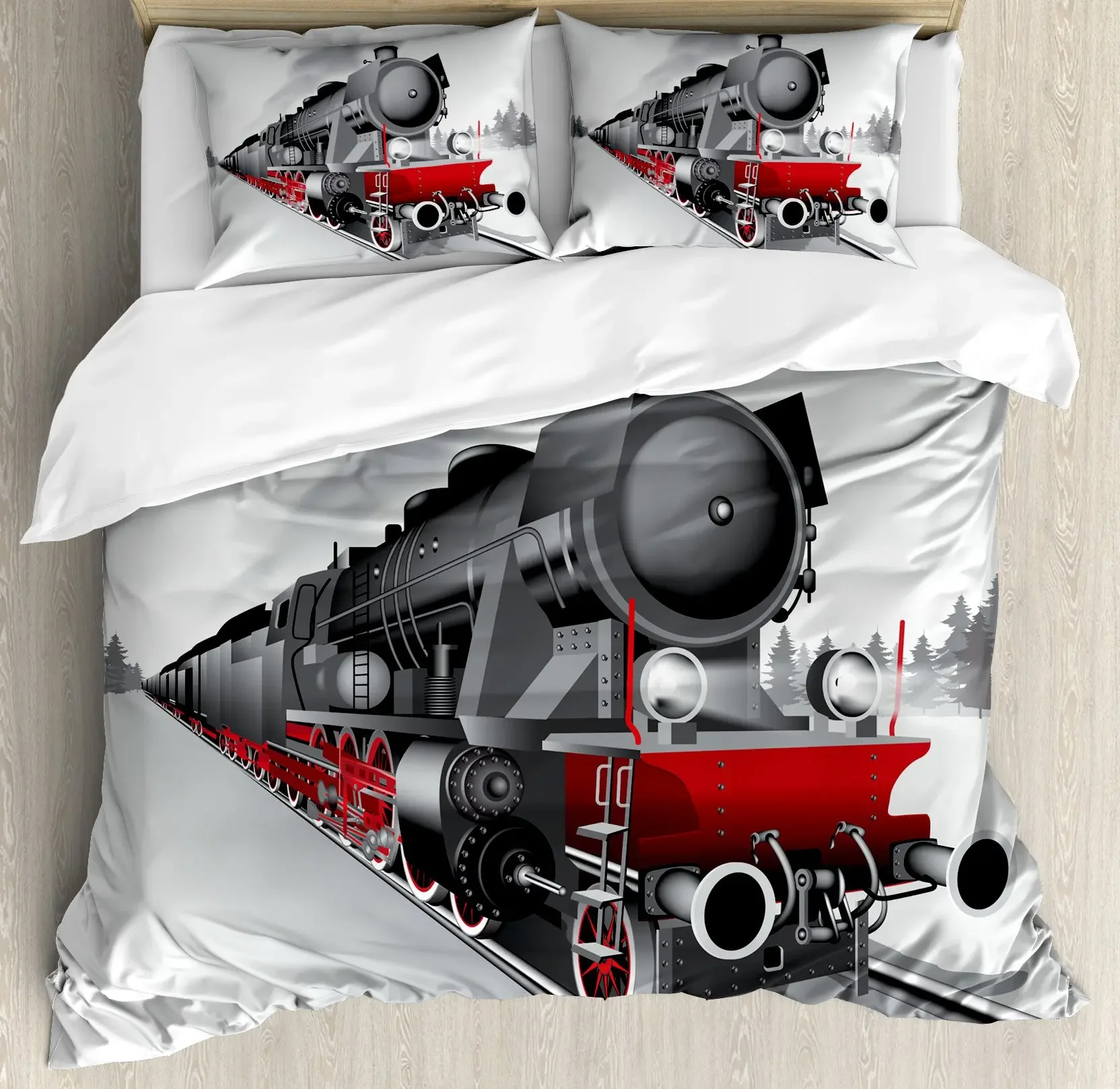Red Grey Steam Engine Duvet Cover Locomotive Red Black Train on Steel ...