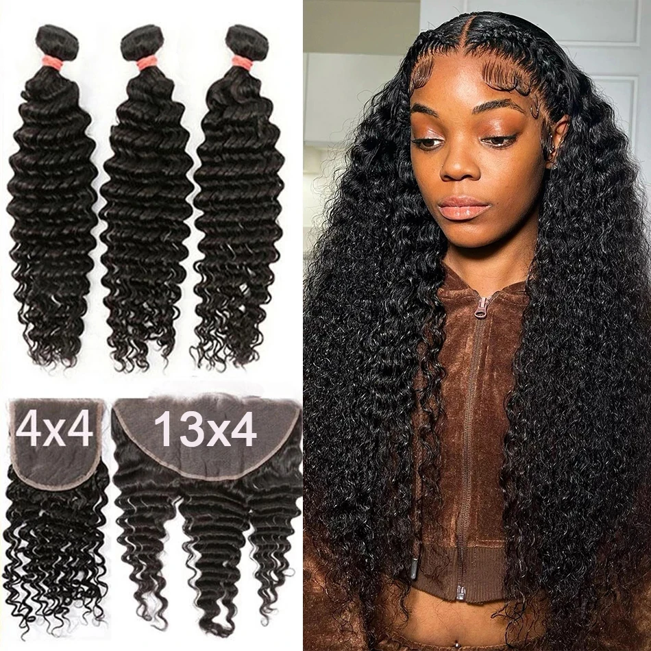 28 30 Inch Deep Wave Human Hair Bundles With 13x6 Frontal Brazilian ...
