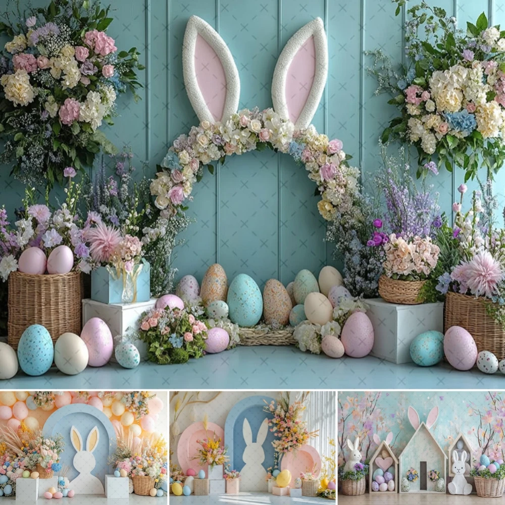 Spring Easter Backdrop Floral Garden Cartoon Rabbits Eggs Birthday Cake ...