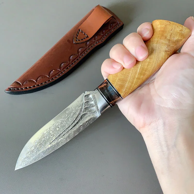 VG10-Damascus-Steel-Fixed-Blade-Knife-Wooden-Handle-Outdoor-Camping ...