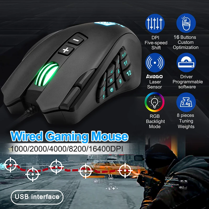 Rytaki r6 wired gaming mouse 16400 dpi laser rgb gaming ratos 16 botões ...