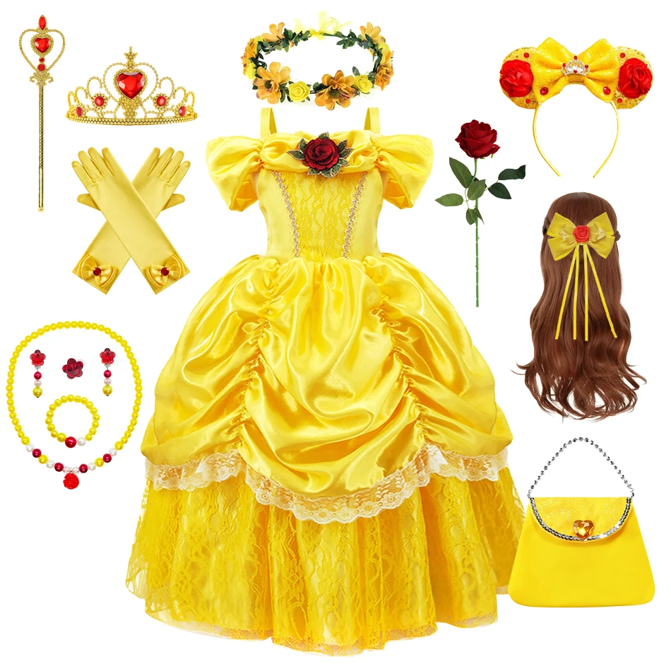 Girl Belle Dress Beauty Cosplay Costume Kids Yellow Puffy Skirt Easter ...