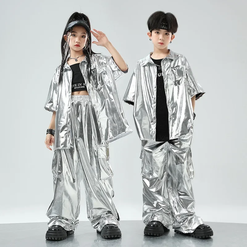 Kids Boy Gril Silver Leather Short Sleeve Hip Hop Jazz Shirt Pant ...