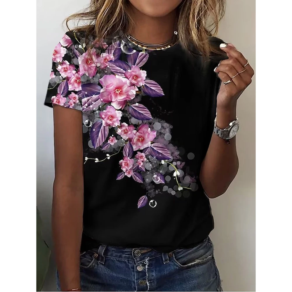 Women-s-Summer-T-shirt-Flower-Pattern-Clothing-Round-Neck-Loose-Top ...