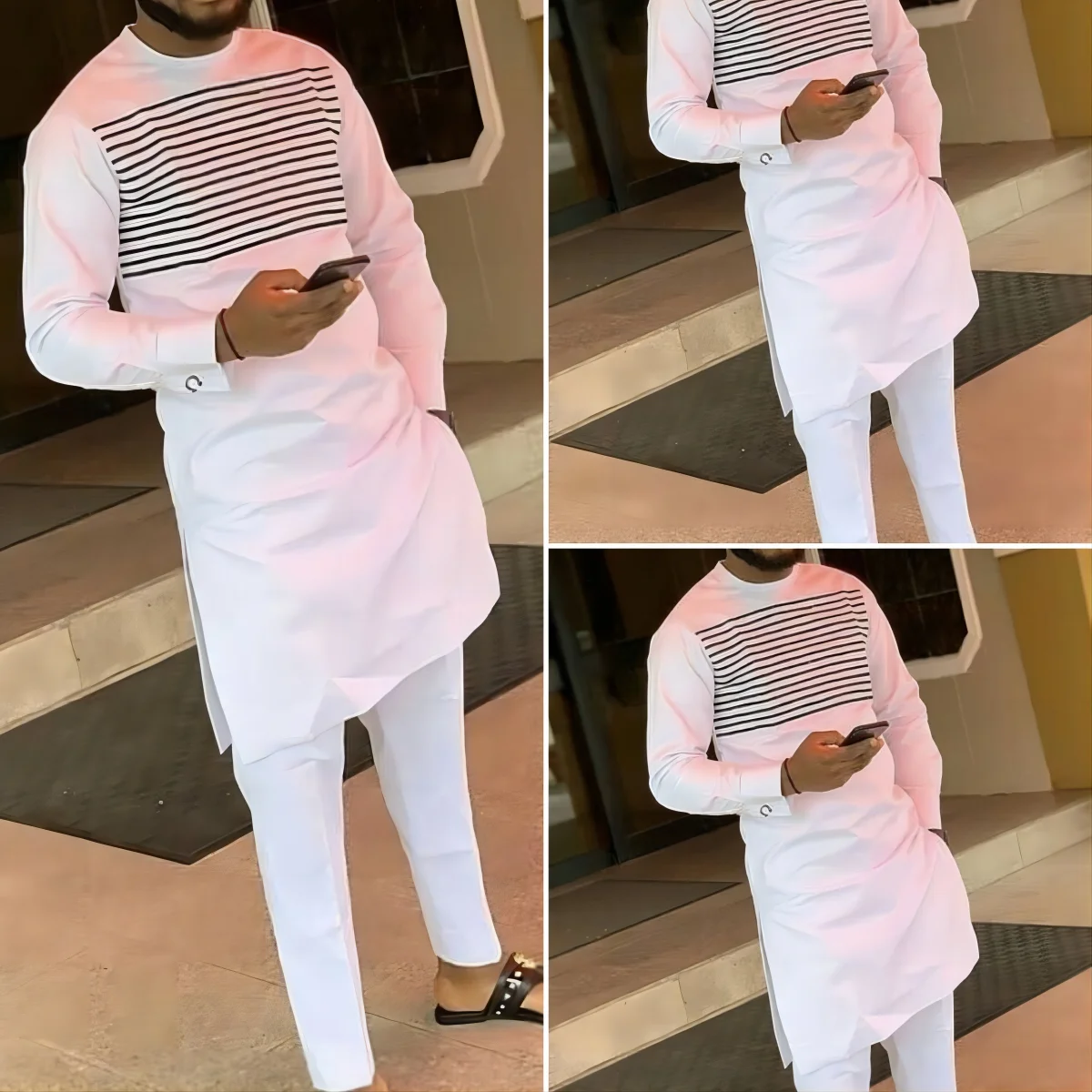 Dashiki à manches longues et col rond pour jeunes hommes, imprimé blanc ...