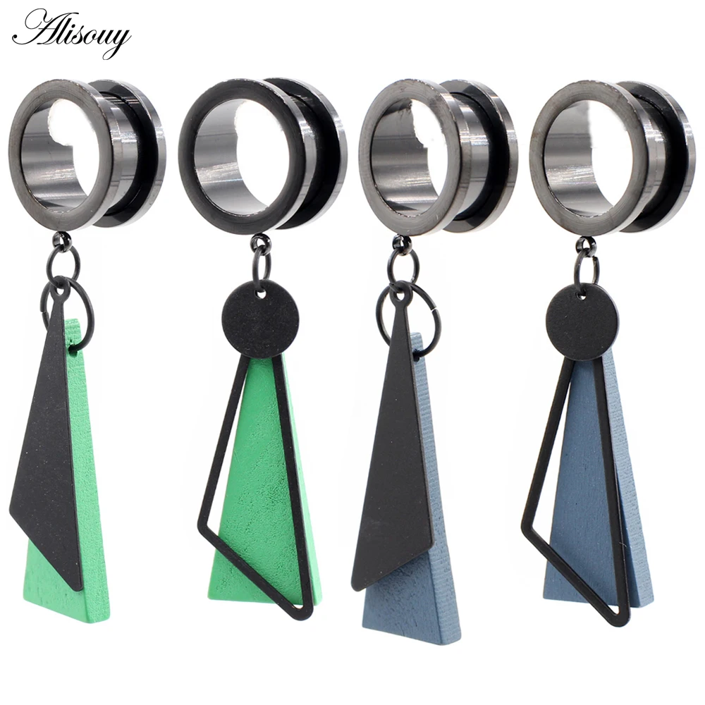 Alisouy-2pcs-Black-Stainless-Steel-Wood-Triangle-Pendant-Flesh-Ear ...
