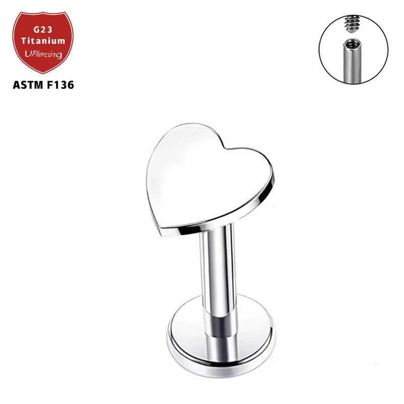 Piercing Titanium F136 Heart Labret Lip Ring 16g Tragus Helix Bar Internal Thread Nose Piercing ...