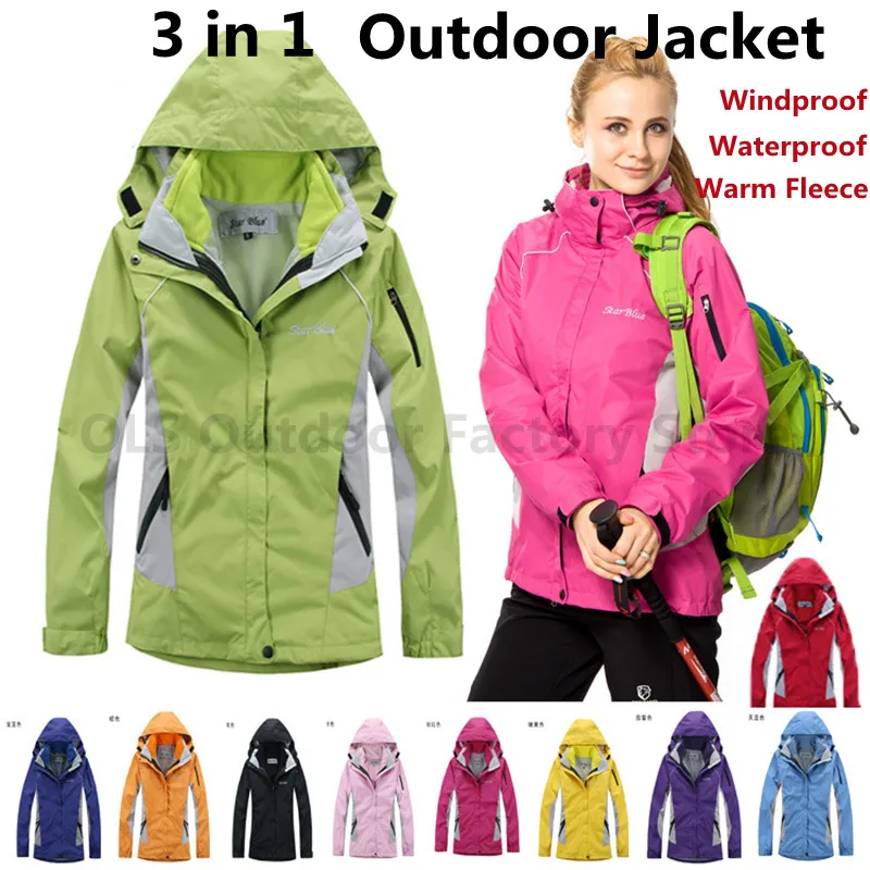 Women Outdoor Waterproof Fleece Jacket Windbreaker 3 in 1 Detachable ...