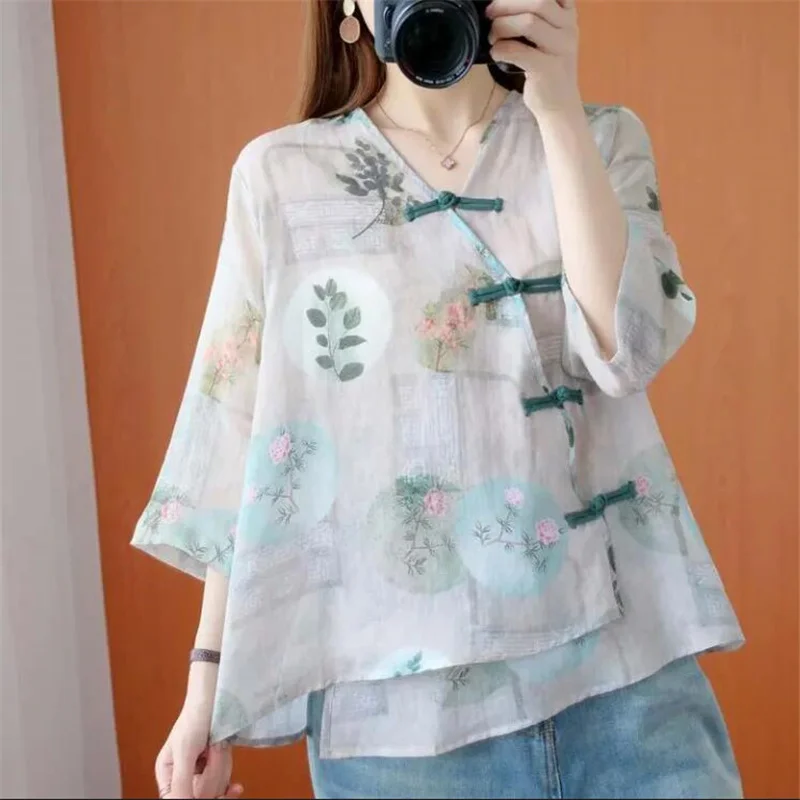 Vintage-Summer-Top-Ladies-Shirt-Printed-Diagonal-Placket-Retro-Button ...
