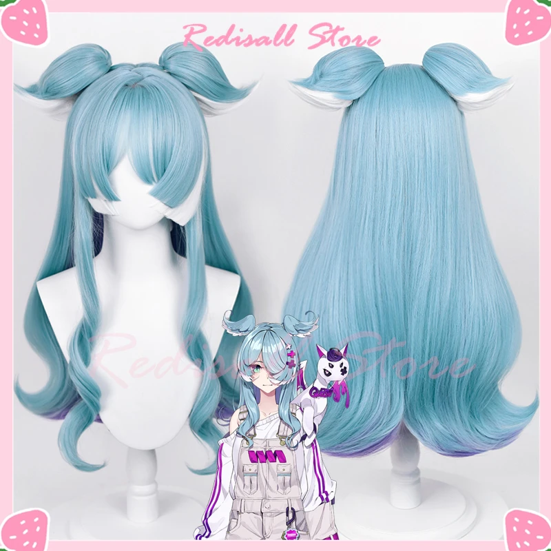Vtuber Elira Pendora Cosplay Wig Ears 65cm Long Curly Blue Hair 2022 ...