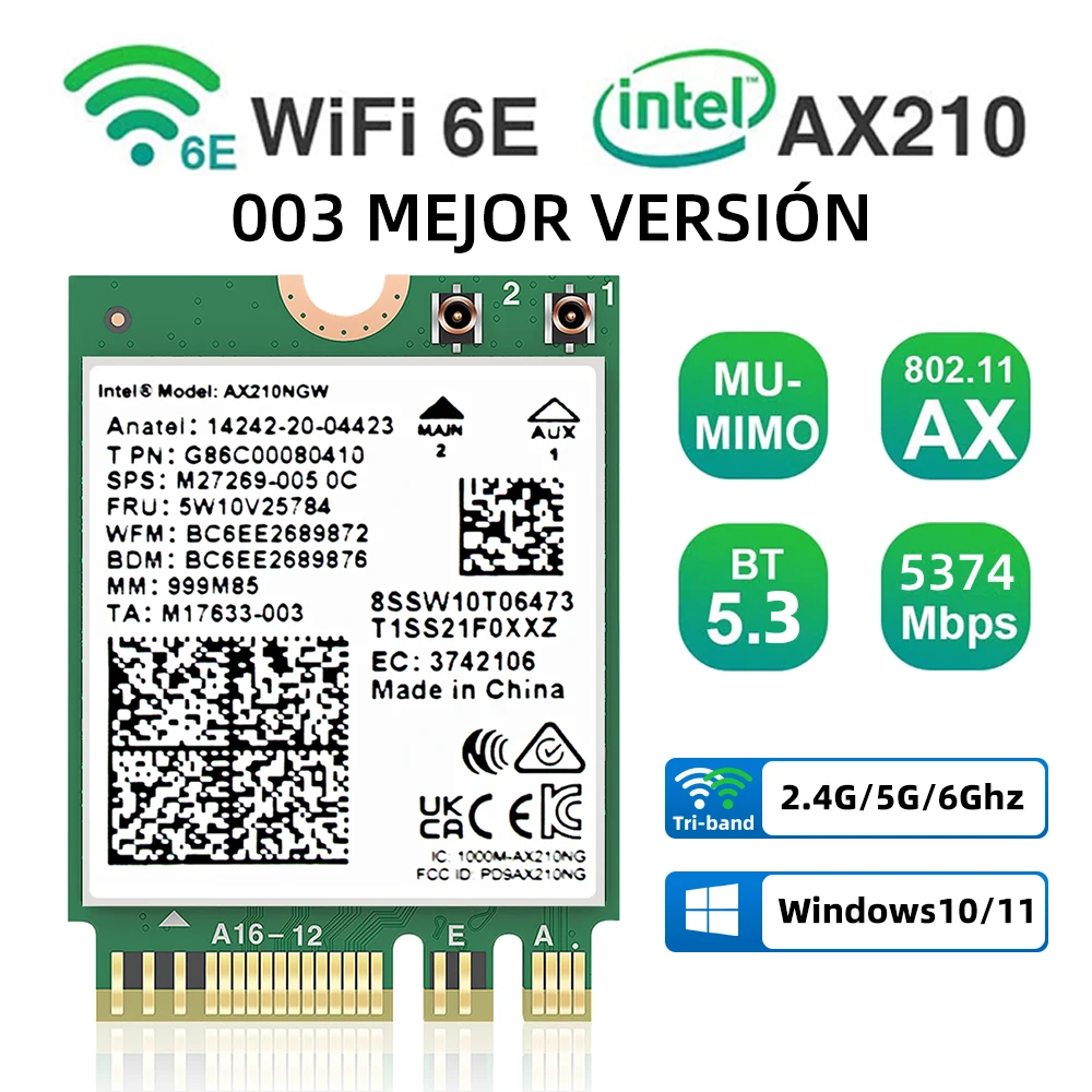 Tarjeta WiFi AX210NGW, módulo inalámbrico Intel AX210 de 6GHz, adaptador de red interno de tres ...