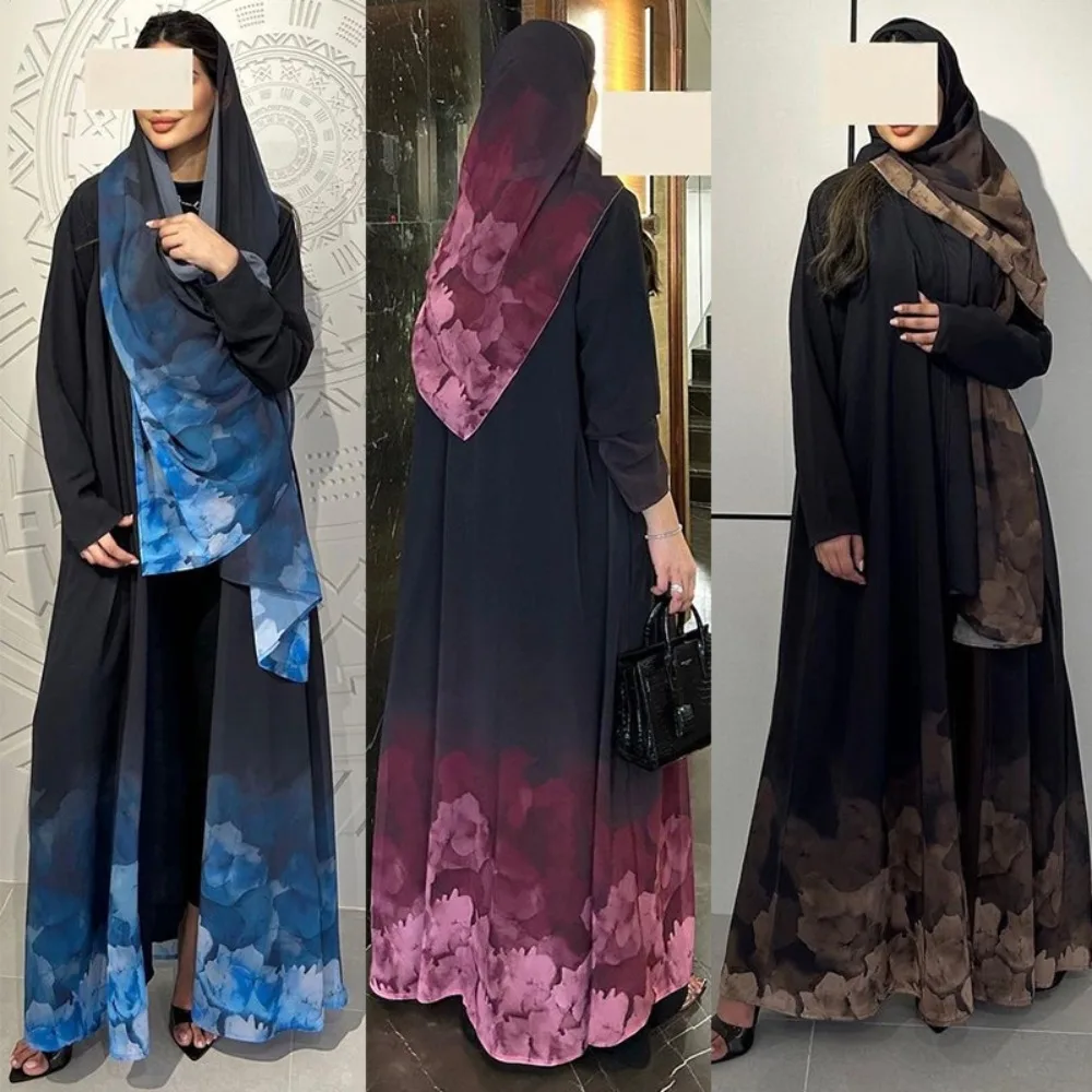 Muslim-Women-Print-Abaya-with-Scarf-2-Piece-Set-Eid-Abayas-Cardigan ...