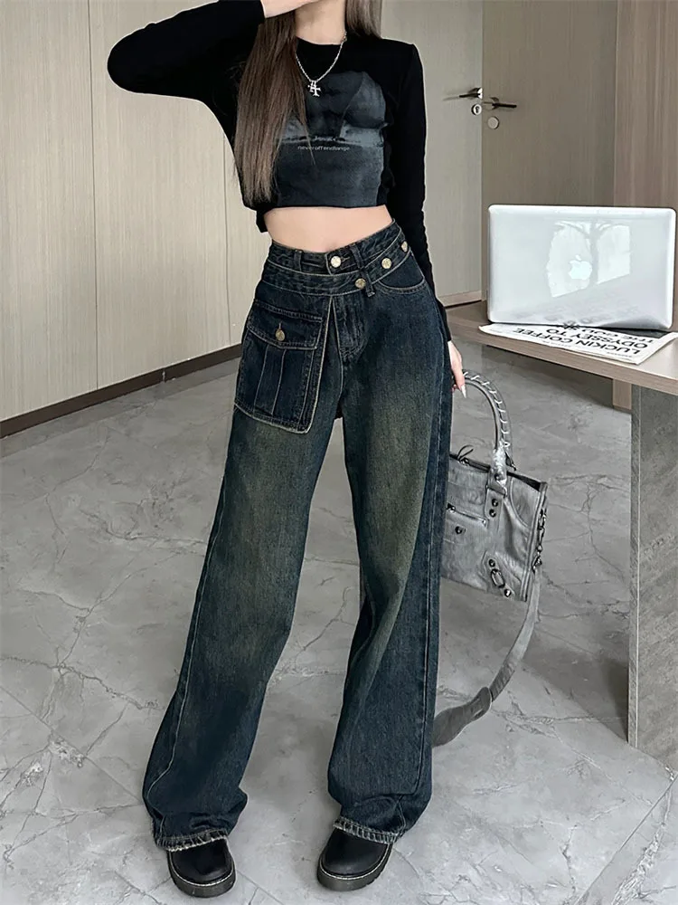 Women's Chic Pocket Design Wide Leg Blue Jeans American Street Style ...