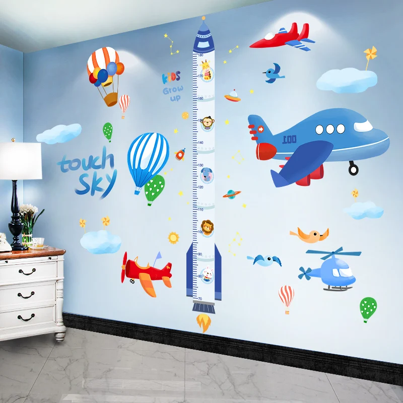 Cartoon Rocket Height Measure Wall Stickers DIY Airplane Clouds Mural ...
