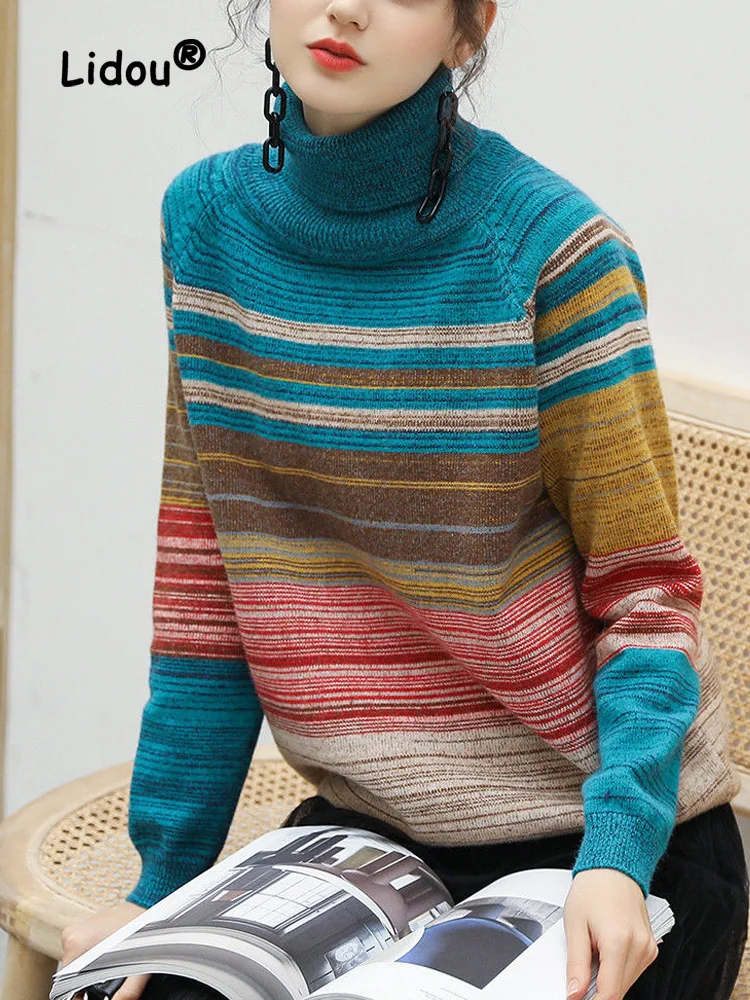 Autumn Winter Multicolor Striped Sweaters Women New Classic Long Sleeve ...