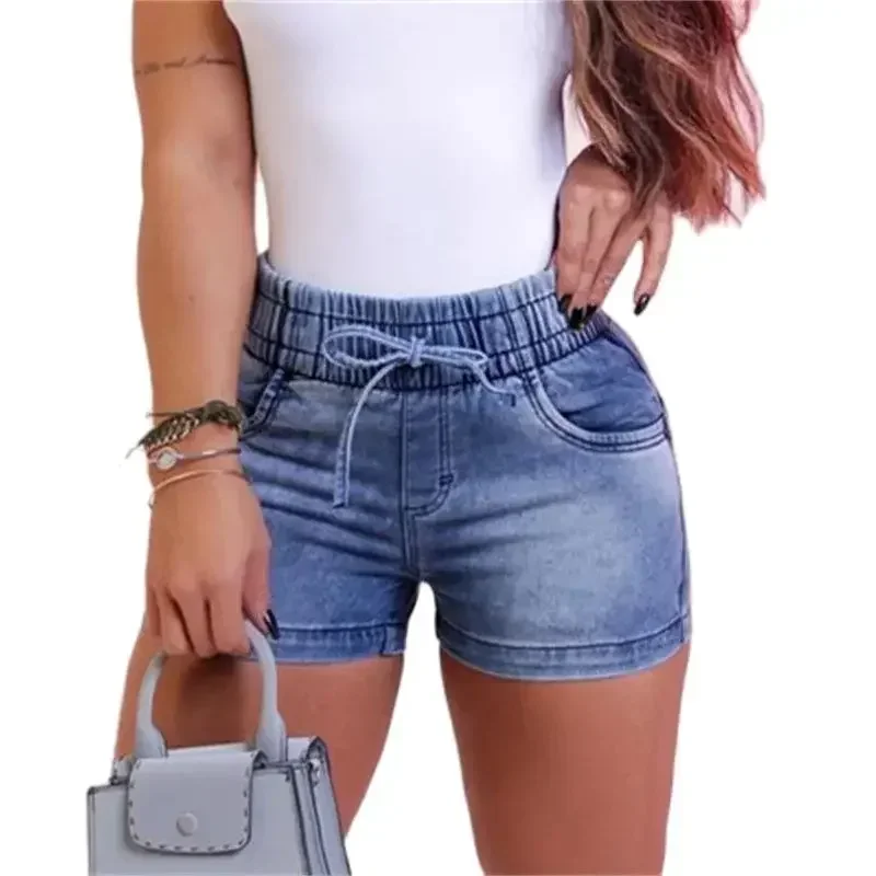 Women-Stretch-Lace-up-Elastic-Waist-Denim-Shorts-Summer-High-Waist ...
