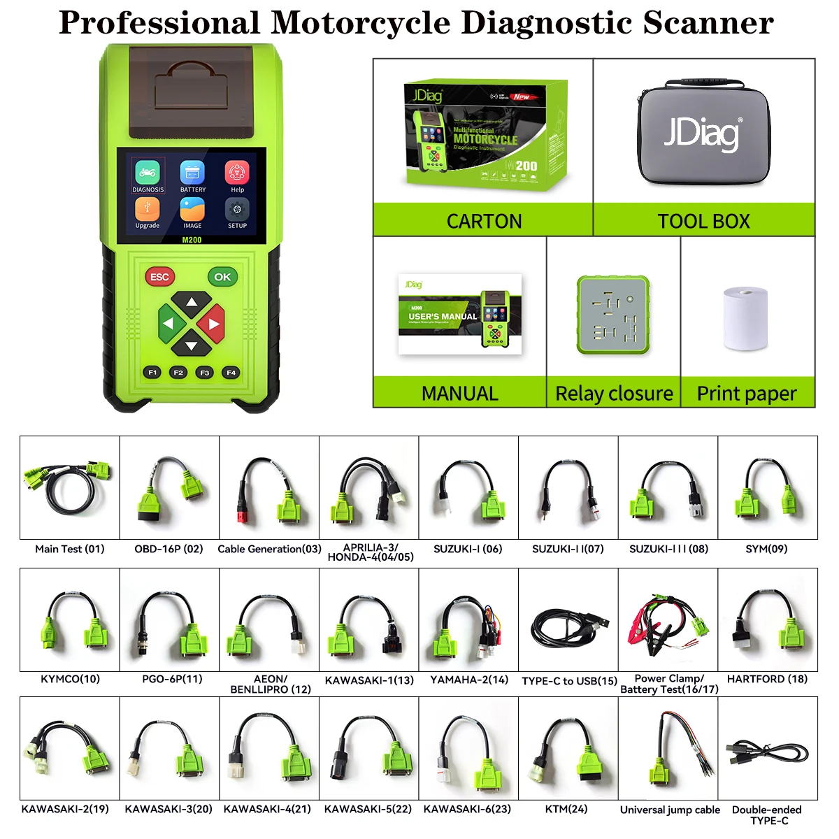 JDiag M200 Motorcycle Diagnostic Scanner OBD2 Scan Tool Moto Code ...