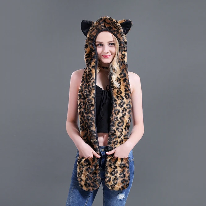 New-Leopard-Print-Animal-Hoods-Cute-Animal-Faux-Fur-Hat-Cap-Women-Mens ...