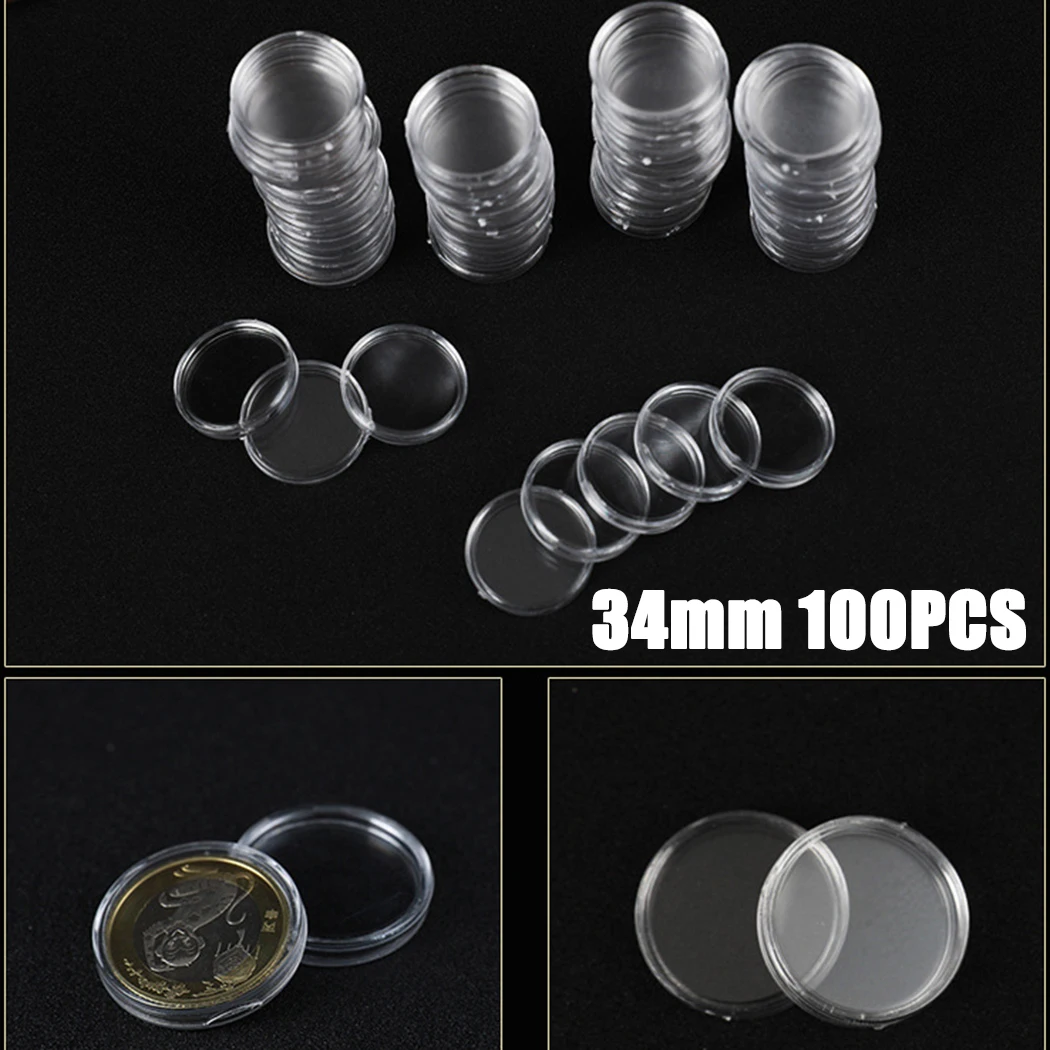 100Pcs 34mm Coin Cases Capsules Holder Applied Clear Plastic Round ...