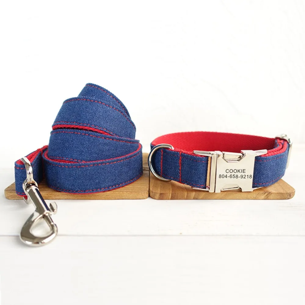 Personalized Pet Collar Customized Nameplate Id Tag Adjustable Red Jean ...