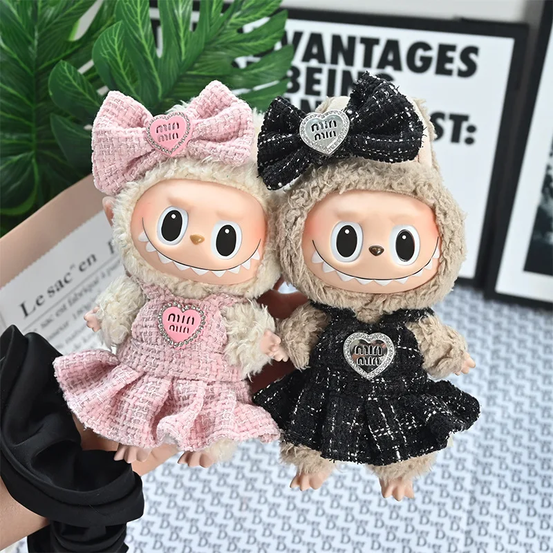 For 17cm Labubu Doll Luxury clothes Dress Bow Headband Pink Set v1v2v3 ...