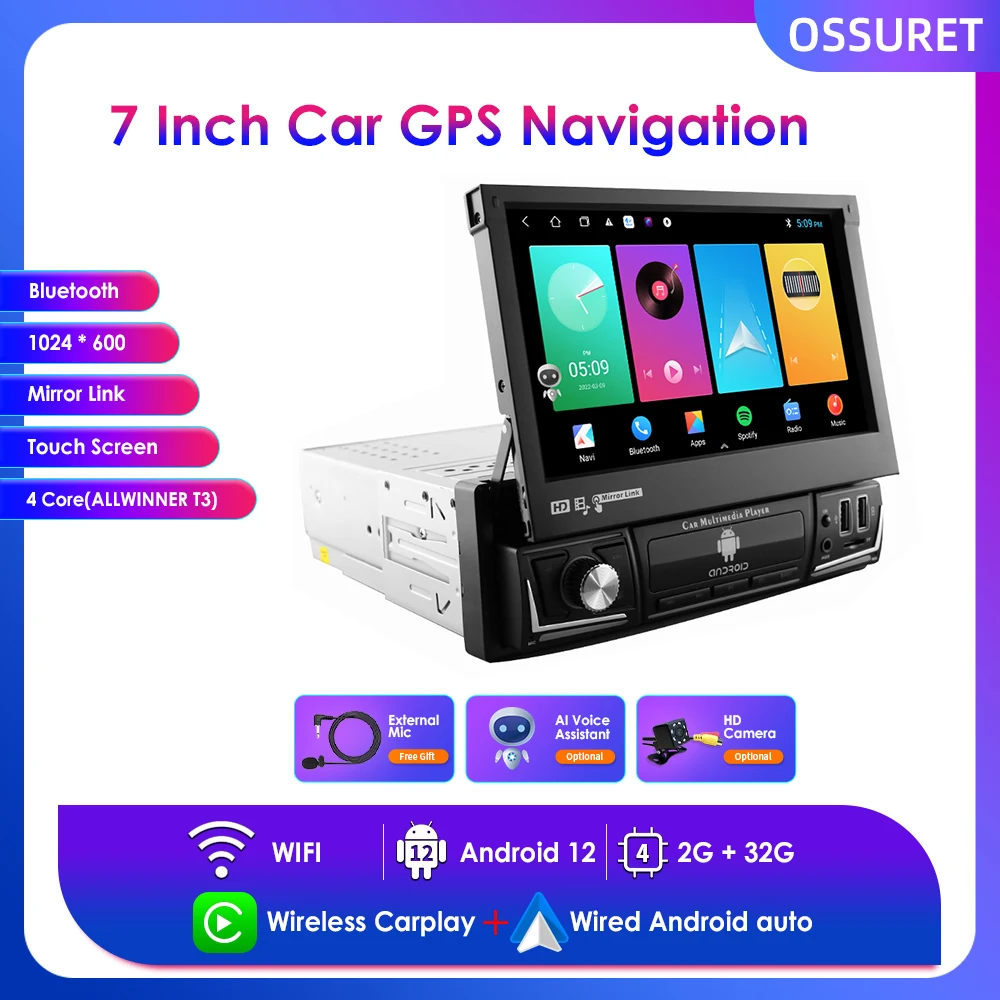 2g Ram Auto Stereo Audio Car Radio Gps Navigation Bluetooth 1din Hd 7 Inch Retractable Touch ...