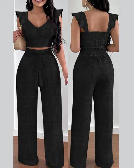 Two Peice Set for Women Matching Sets Shirred Crop Top & Pocket Design ...