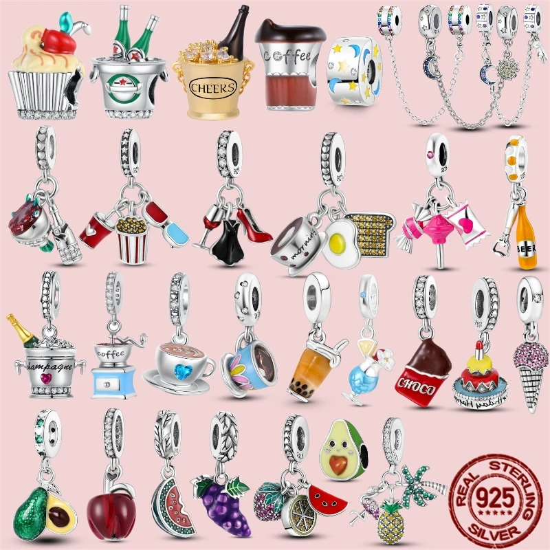 Original 925 Sterling Silver Coffee Champagne Food Fruit Charm Fit ...
