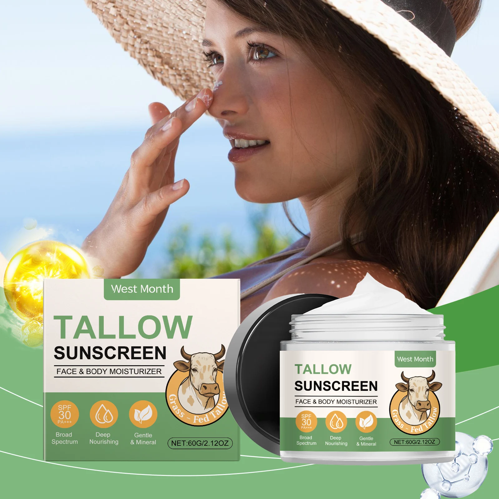 Tallow Sunscreen Spf30+ Anti Sunburn UV Moisturizing Face Sunblock ...