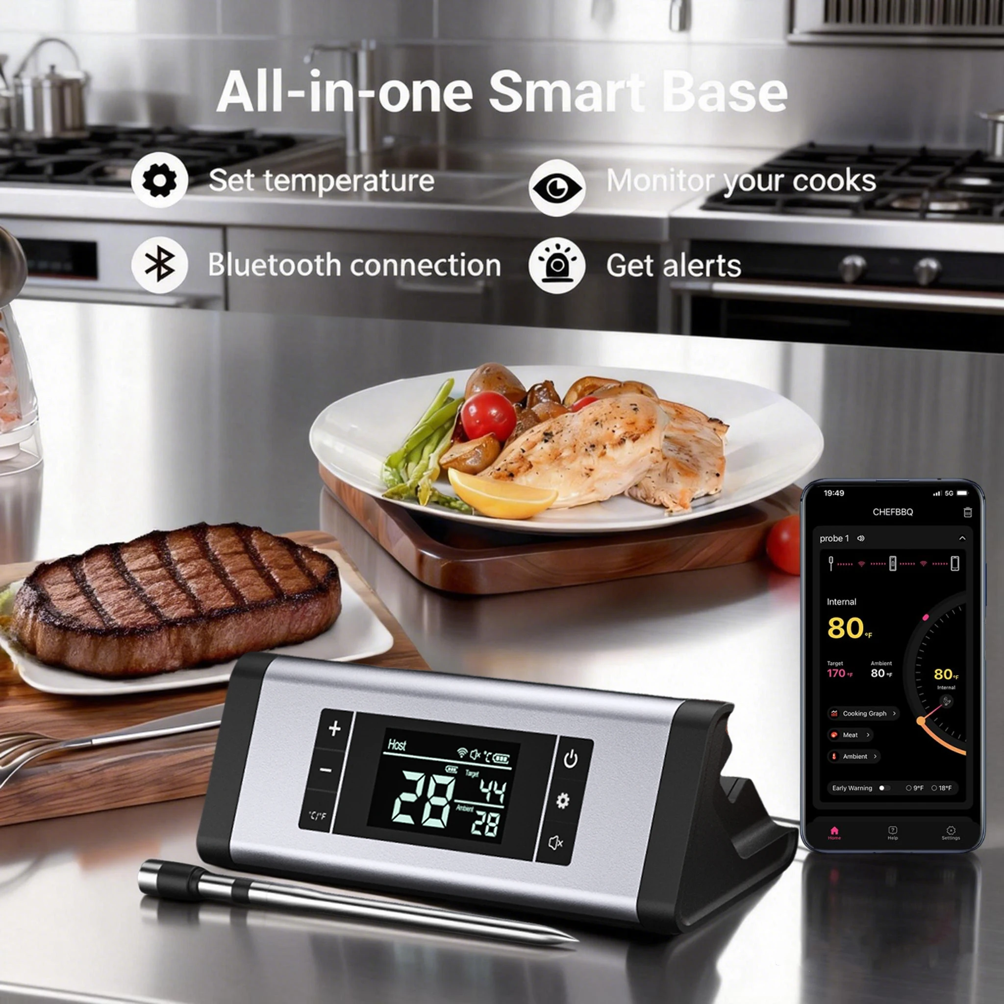 Smart Wireless Meat Thermometer Digital Bluetooth Probe with LCD Screen ...