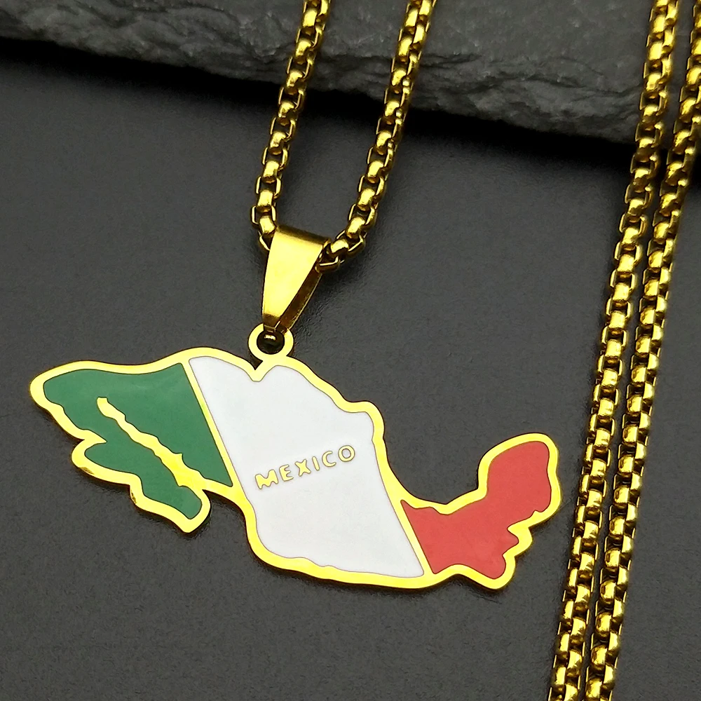 Mexican Flag Map Pendant Necklace For Women Men Stainless Steel Gold ...