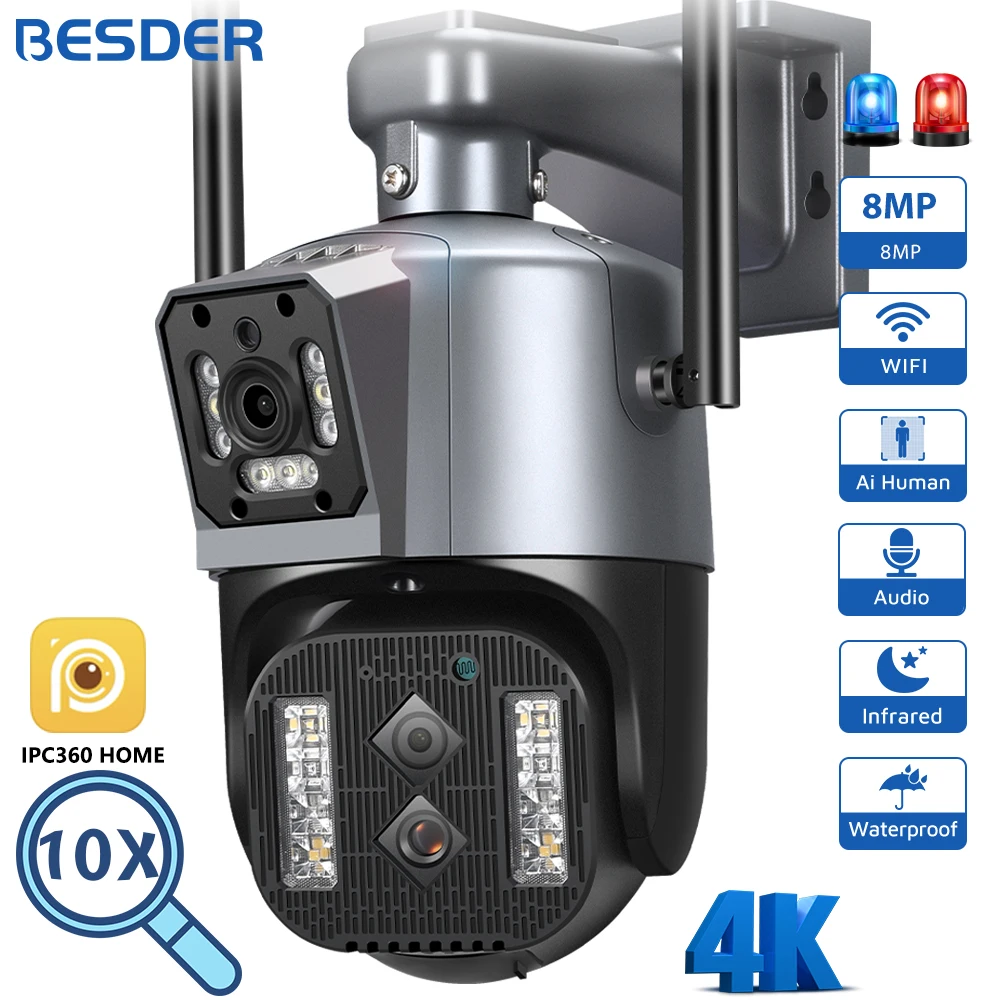 BESDER 8MP Câmera WiFi PTZ 10X Zoom Digital Dupla Tela Detecção Humana ...