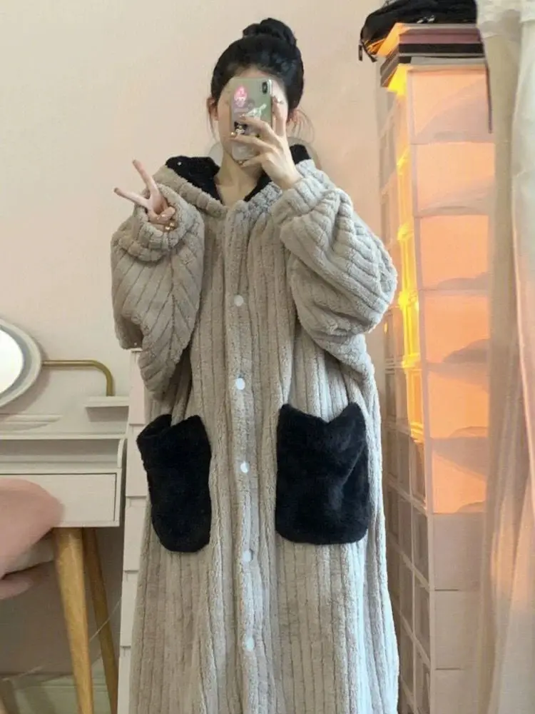 Women-Winter-Plus-Size-Flannel-Robe-Extra-Long-Hooded-Warm-Bathrobe ...