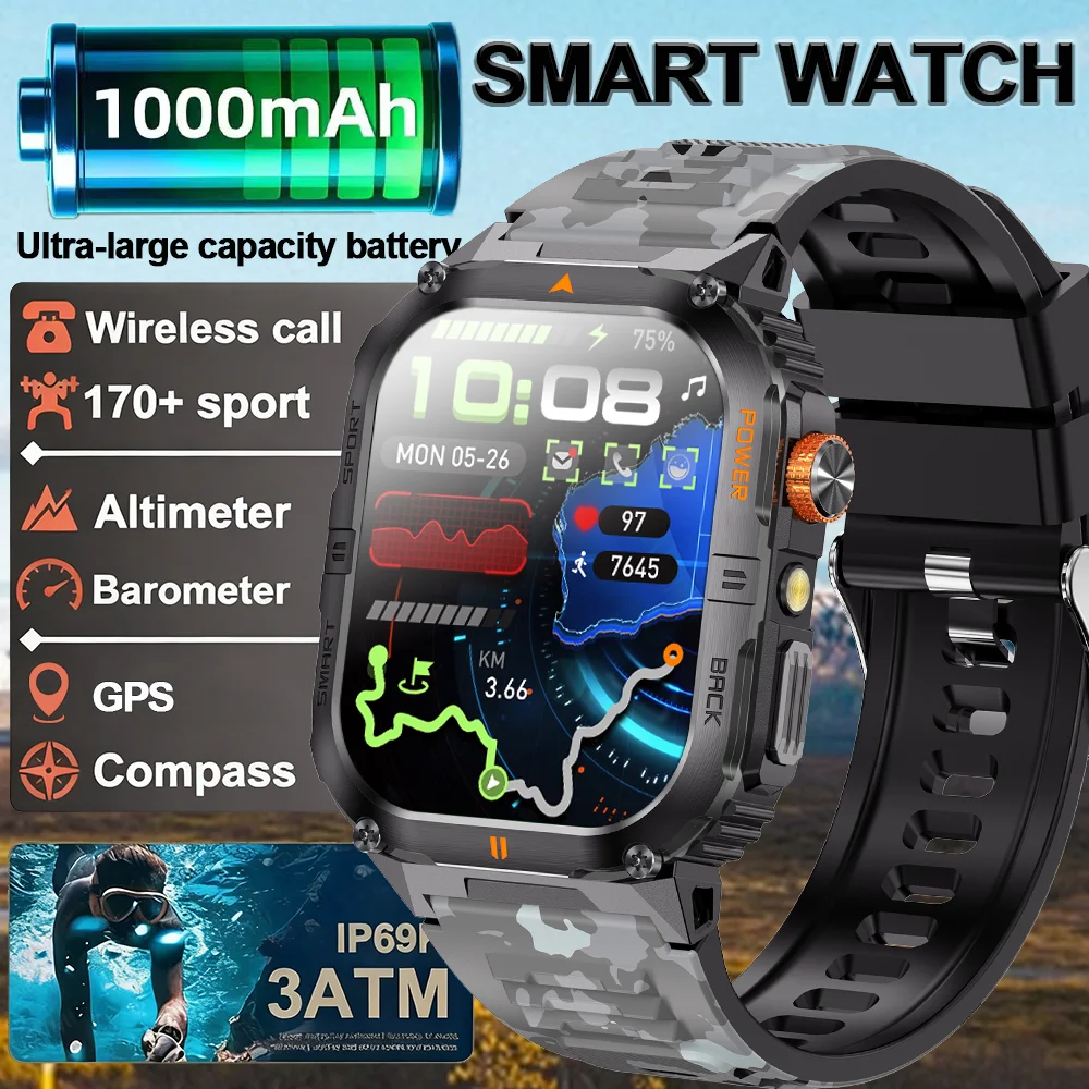 DAORKOW 2025 GPSスマートウォッチ メンズ 2.01インチスクリーン 3ATM防水 Bluetooth通話 スマートウォッチ ...