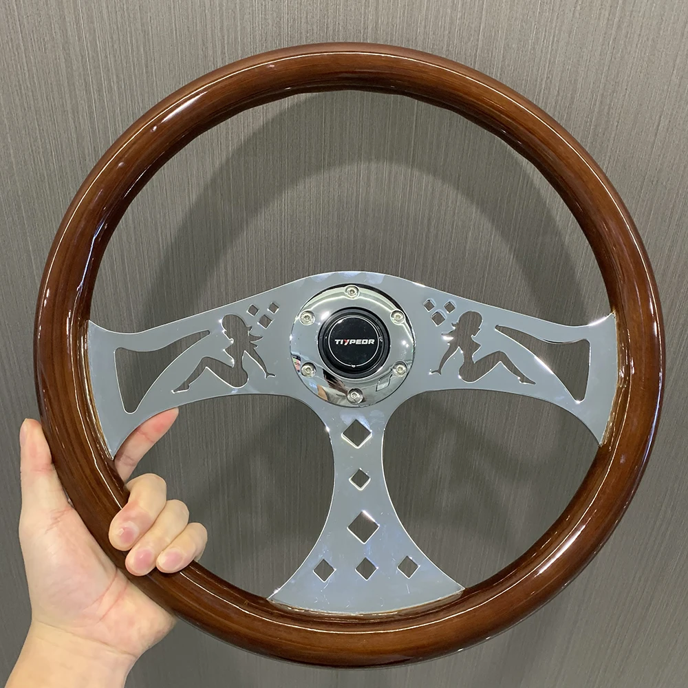 TIYPEOR-Universal-Wooden-Girl-Pattern-Solid-Wood-Steering-Wheel-15inch ...