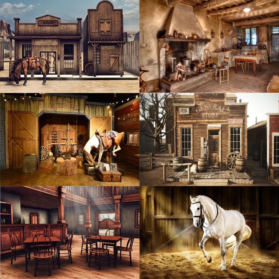 Photography Backdrop Old Western Cowboy Town Wild West Style Bar Wagon Carriage Background For ...