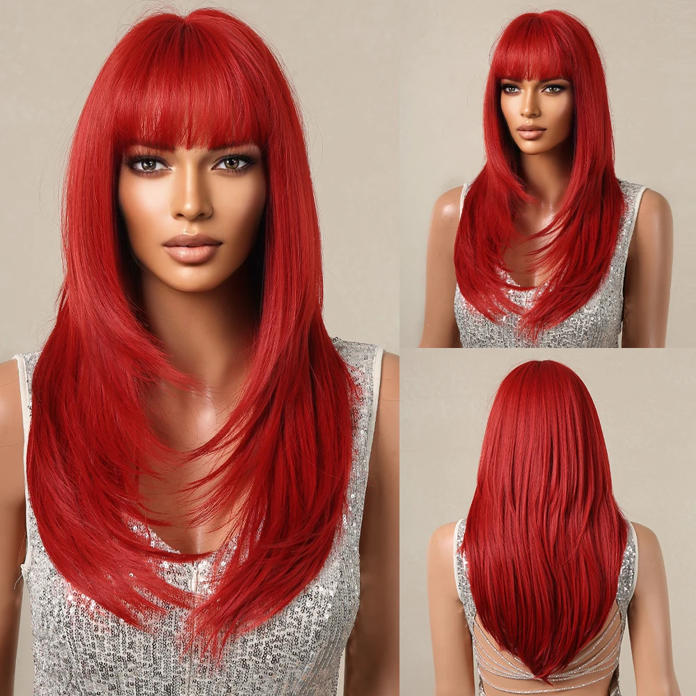 Long Red Straight Layered Wigs with Bangs Hot Red Synthetic Hair for ...