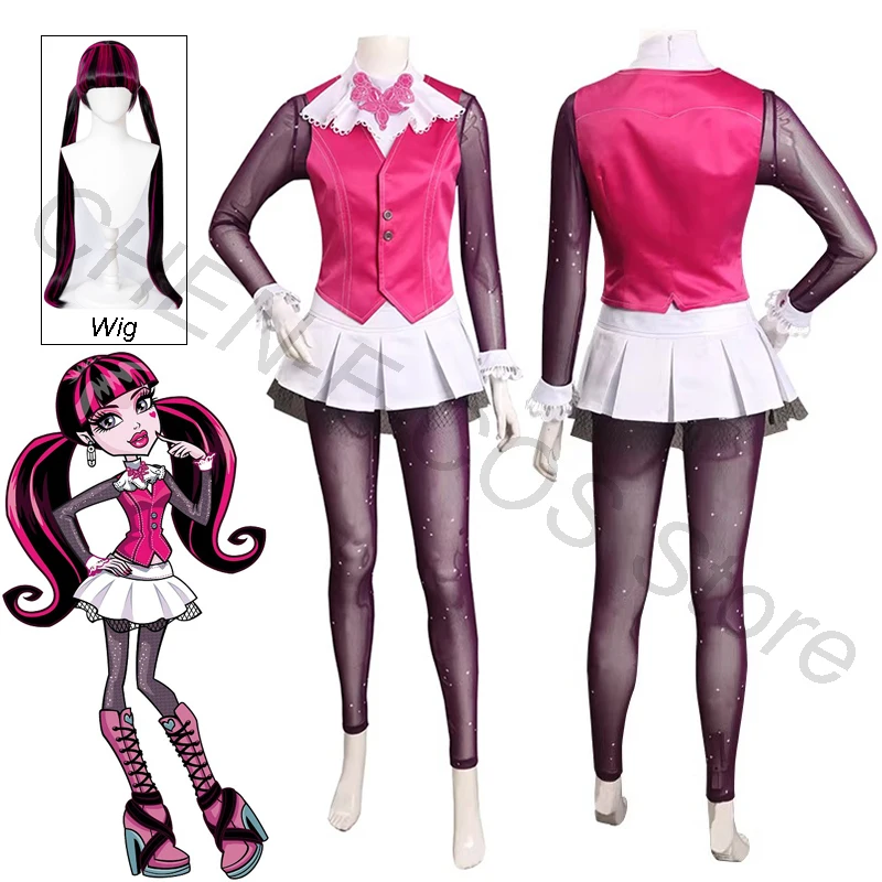 Monster-High-Draculaura-Cosplay-Costume-Wig-Top-Vest-Skirt-Pink-Girl ...
