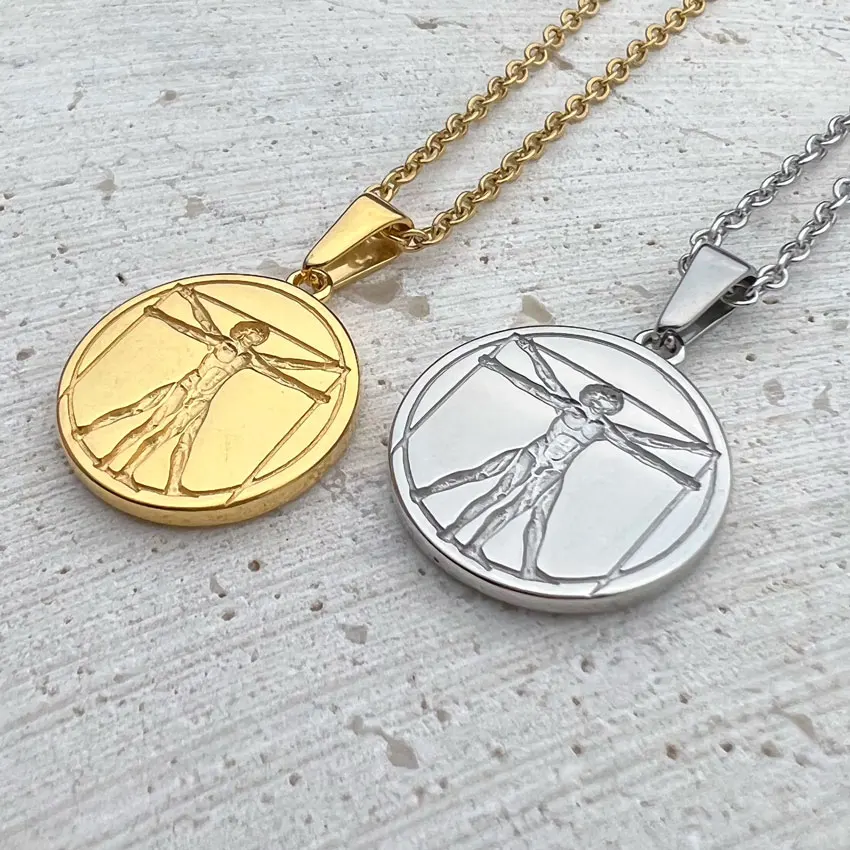 Fashion-Gold-Plated-Coin-Pendant-Stainless-Steel-Vitruvian-Necklace-Men ...