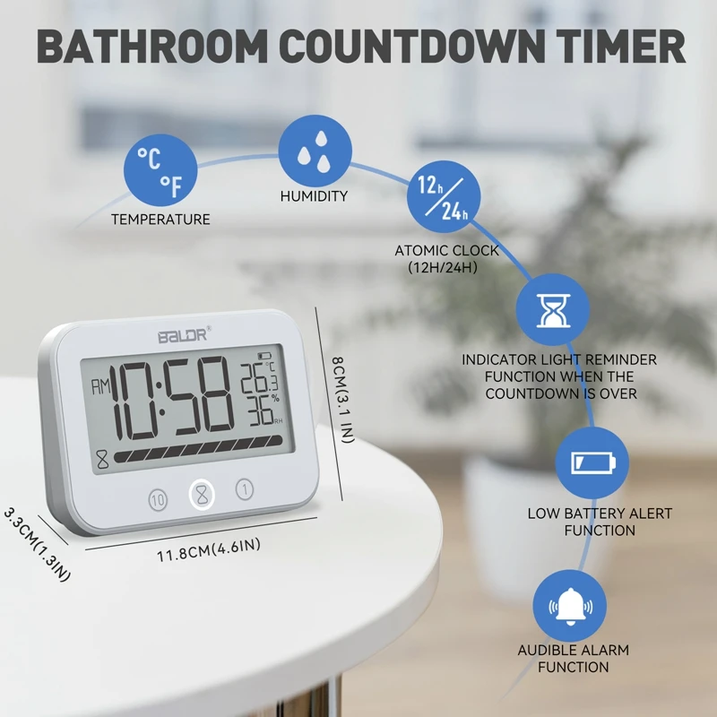 Baldr Waterproof Bathroom Watch Digital Touch Lcd Shower Countdown Wall