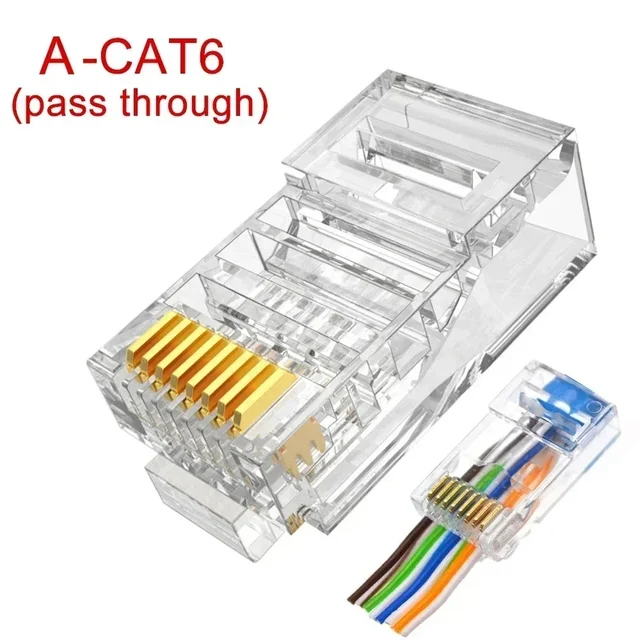 1-50Pcs RJ45 CAT6 CAT5e Pass Through Connectors Crystal End Gold-Plated ...