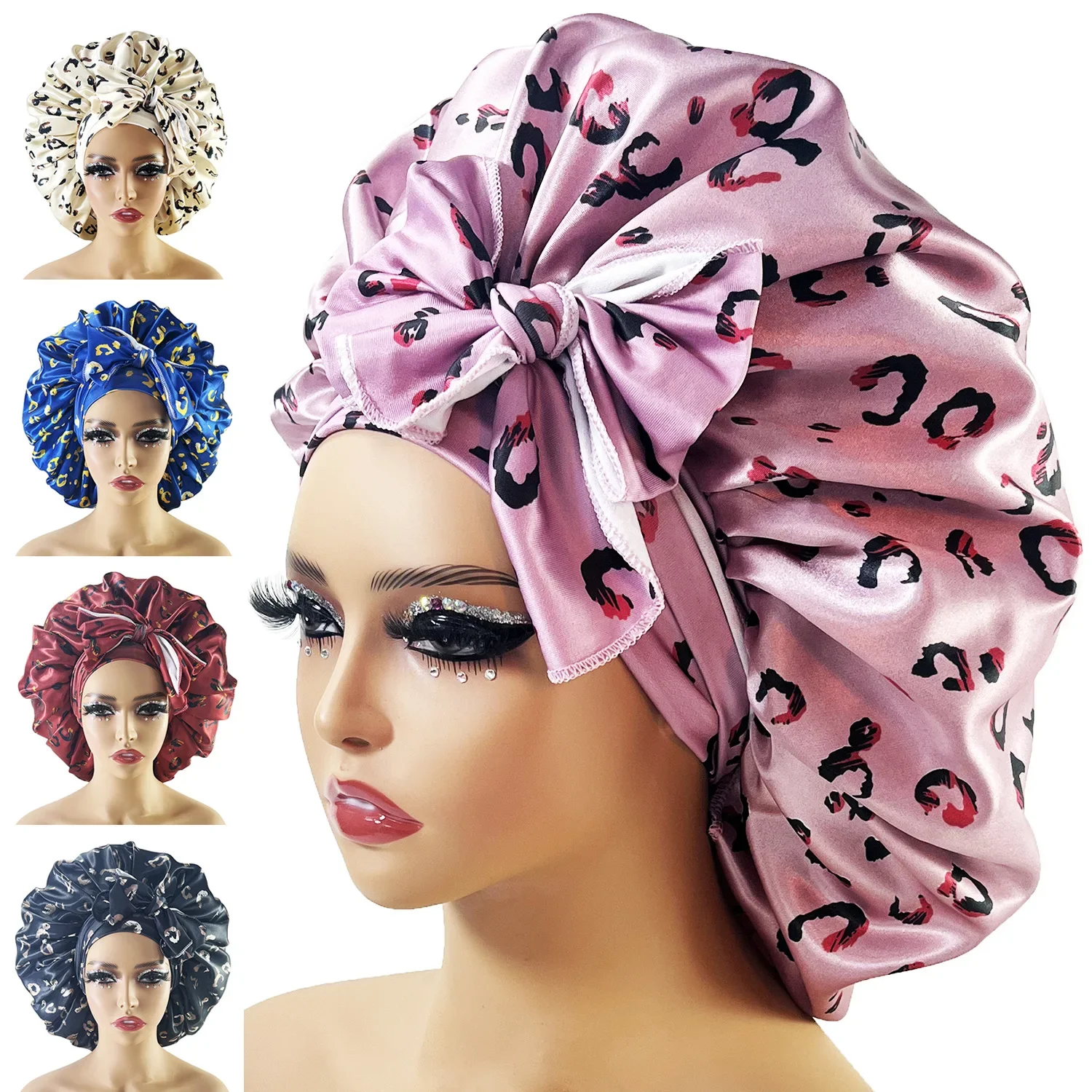New-Large-Satin-Bonnet-Silk-Night-Sleeping-Cap-With-Head-Tie-Band ...