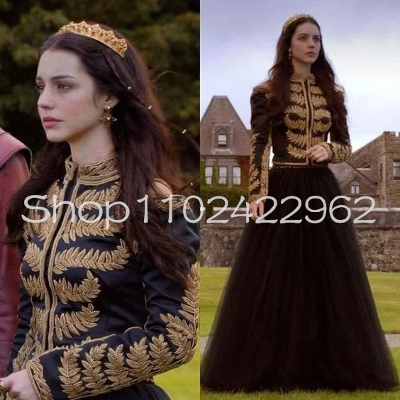 Black-Long-Sleeve-Halloween-Prom-Dresses-Gold-Applique-Embroidery ...