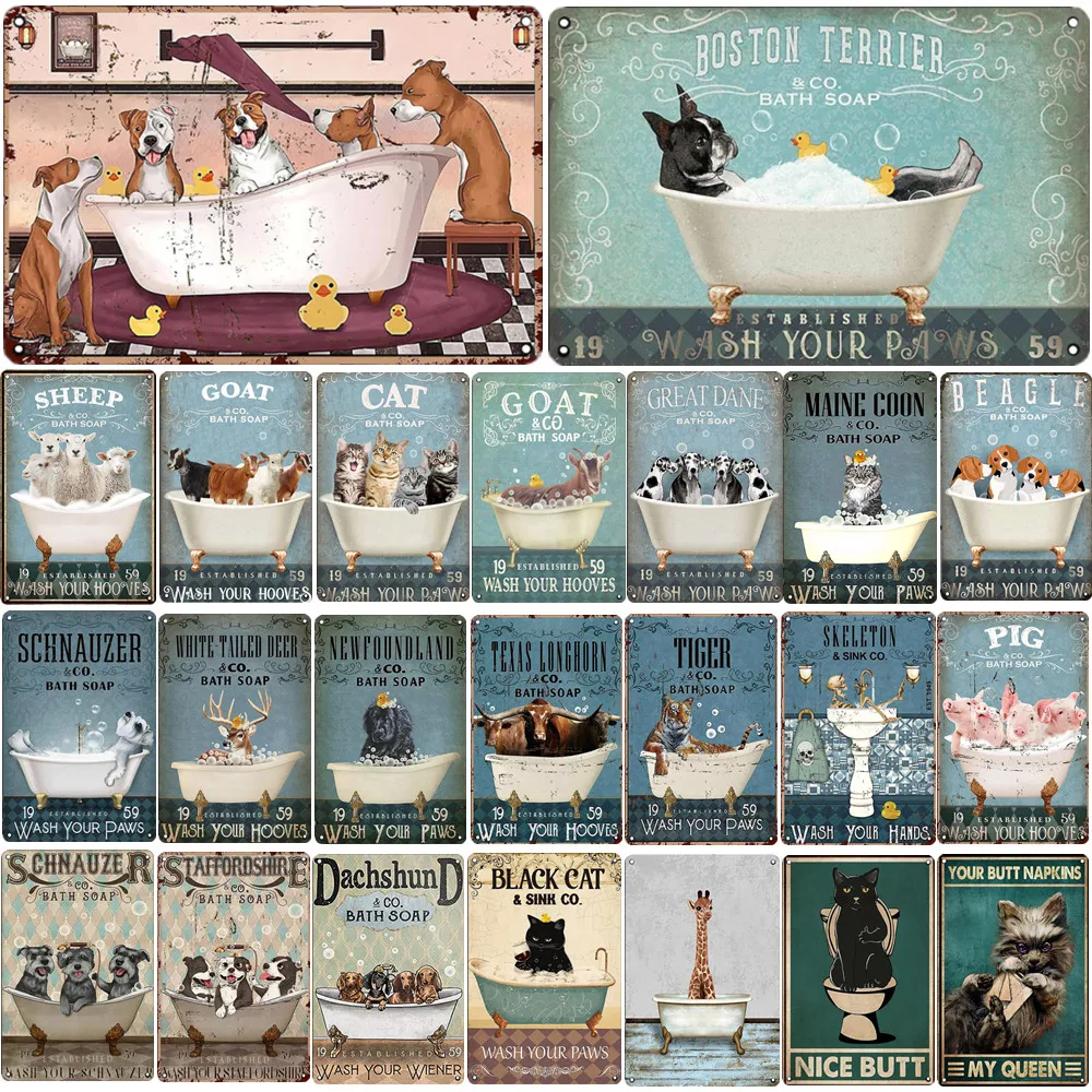 Bathe-Animals-Tiger-Metal-Poster-Vintage-WC-Toilet-Cat-Dog-Plate-Retro ...