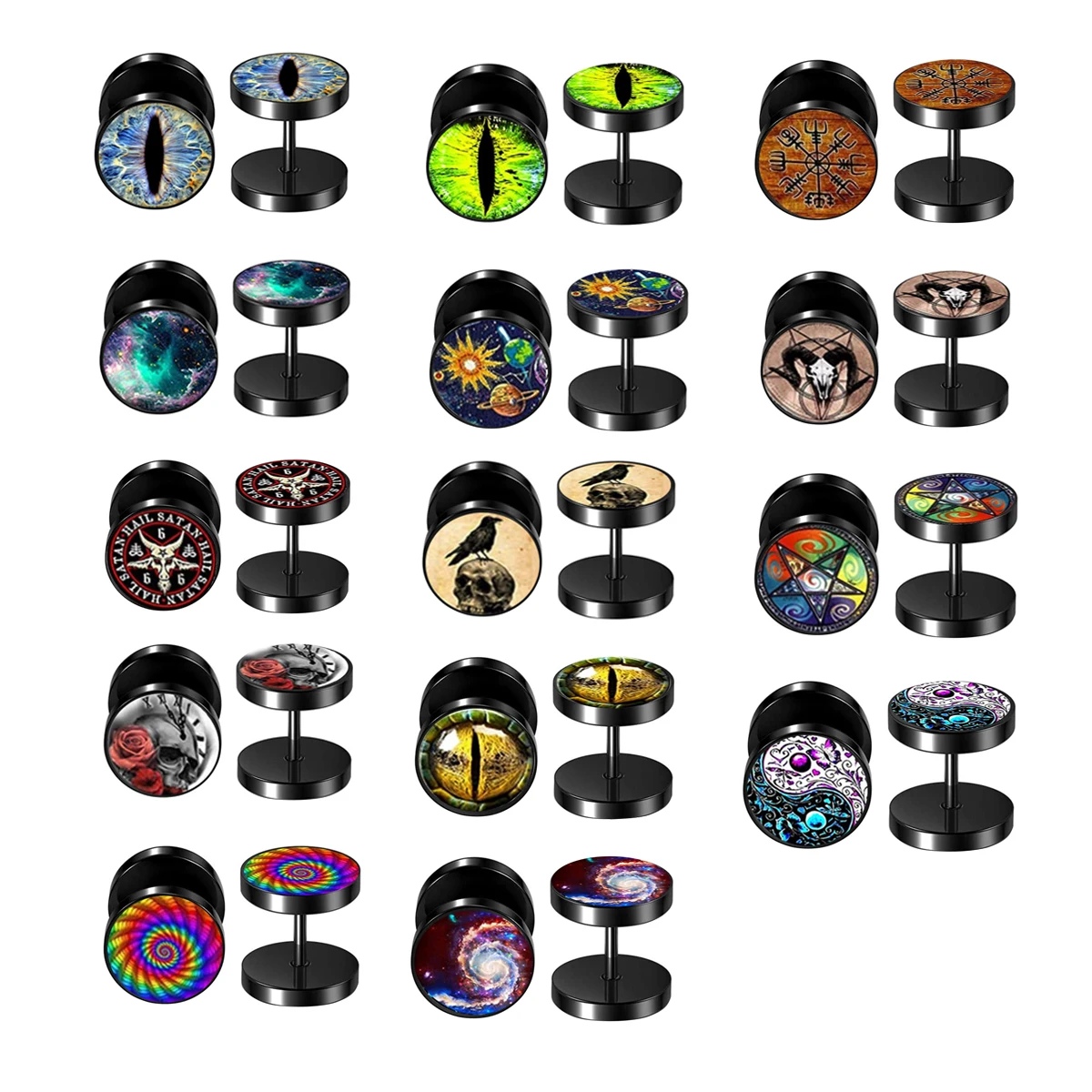 Black Ear Stud Earring Men 10mm Stainless Steel Ear Fake Ear Plug Gauge ...