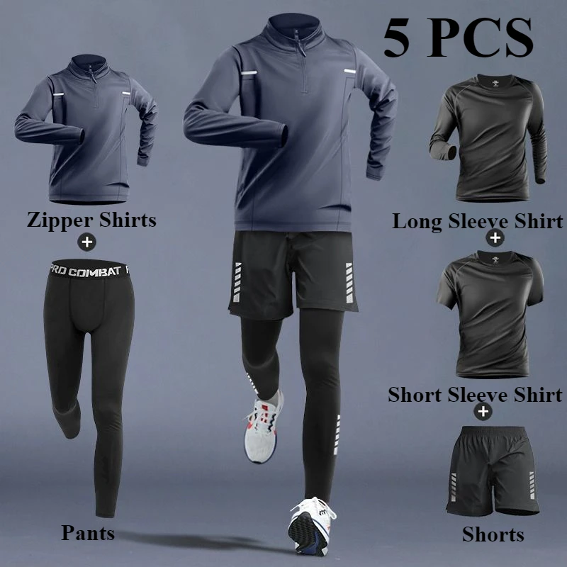 Men's Quick-Dry Sports Set 1-5 PCS Spring Track Field Zipper Training ...