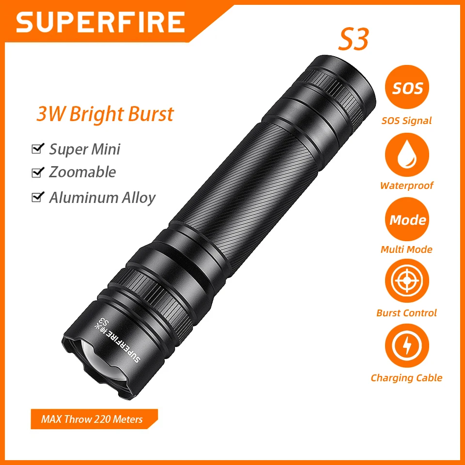 SUPERFIRE-S3-Mini-LED-Flashlights-Camping-Torch-5-Lighting-Modes-Aluminum-Alloy-Zoomable-Light ...